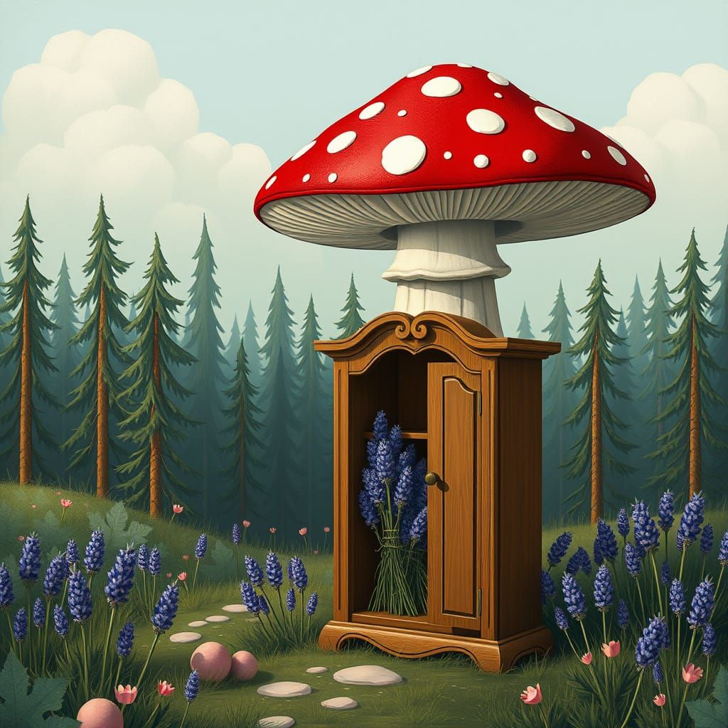 A giant mushroom towers over a miniature wooden wa... - AI Art