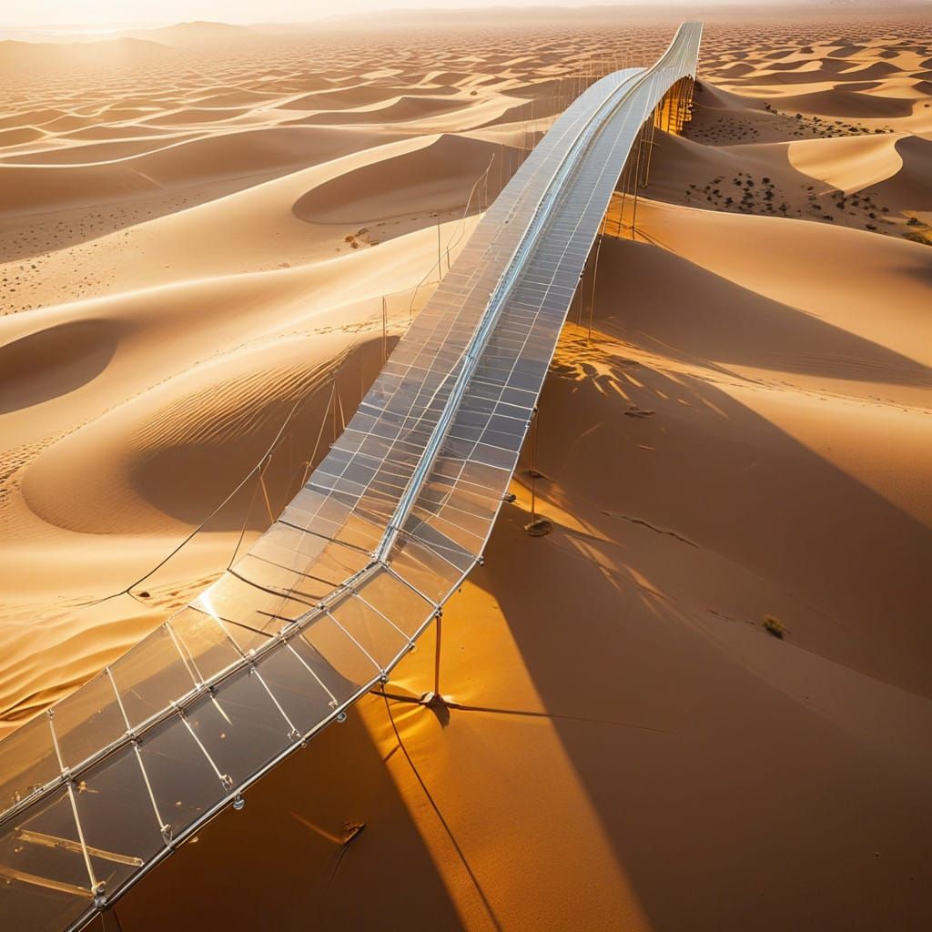 Endless Glass Bridge Reflects Golden Desert Sunset - AI Art