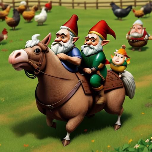 Whimsical Gnomes Ride Chickens in a Chaotic Farm S... - AI Art