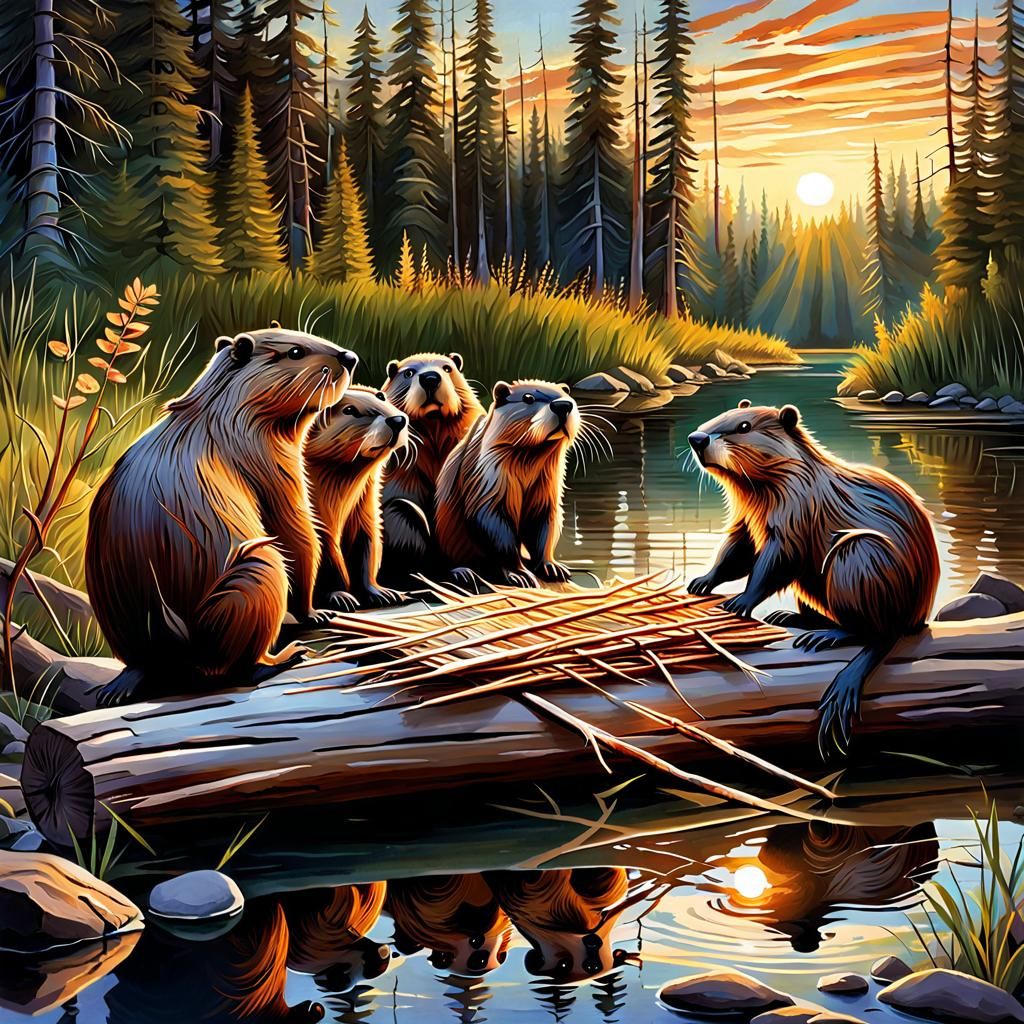 As the sun sets over the beaver village a group of young beavers ...