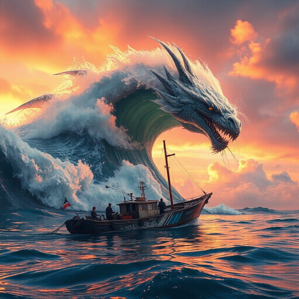 Dragon Rising from Ocean Wave in Triadic Colors - AI Art