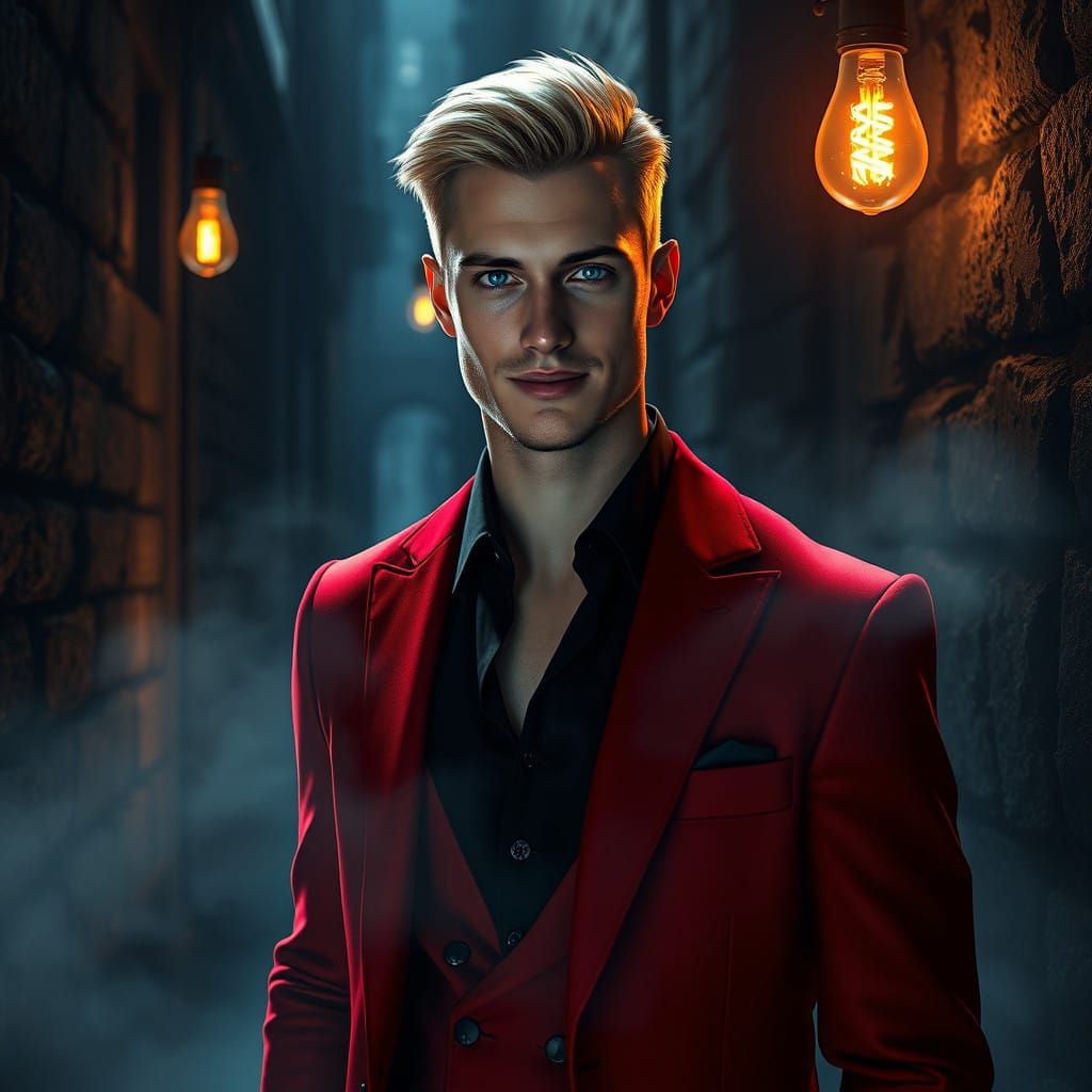 Elegant Man in Shadowy Alley with Magic-Filled Fog - AI Art