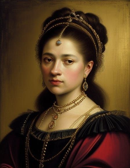 Baroque Close-up shot. A woman wearing jewels sitting in a dimly lit ...