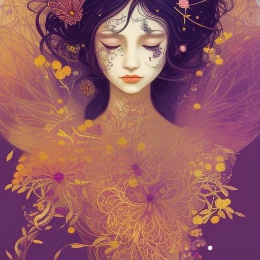 Spring fairy, dark hair, luminous colors, golden outlines, flowers ...