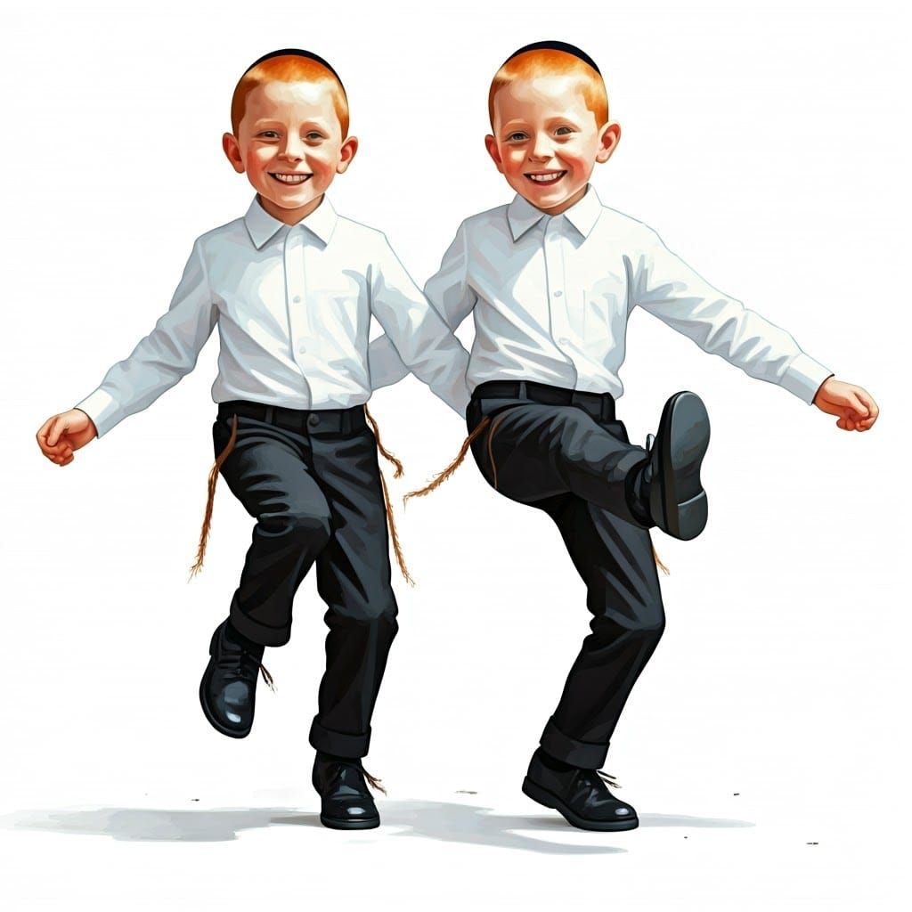 Two Joyful Red-Haired Jewish Boys Dancing in White - AI Art