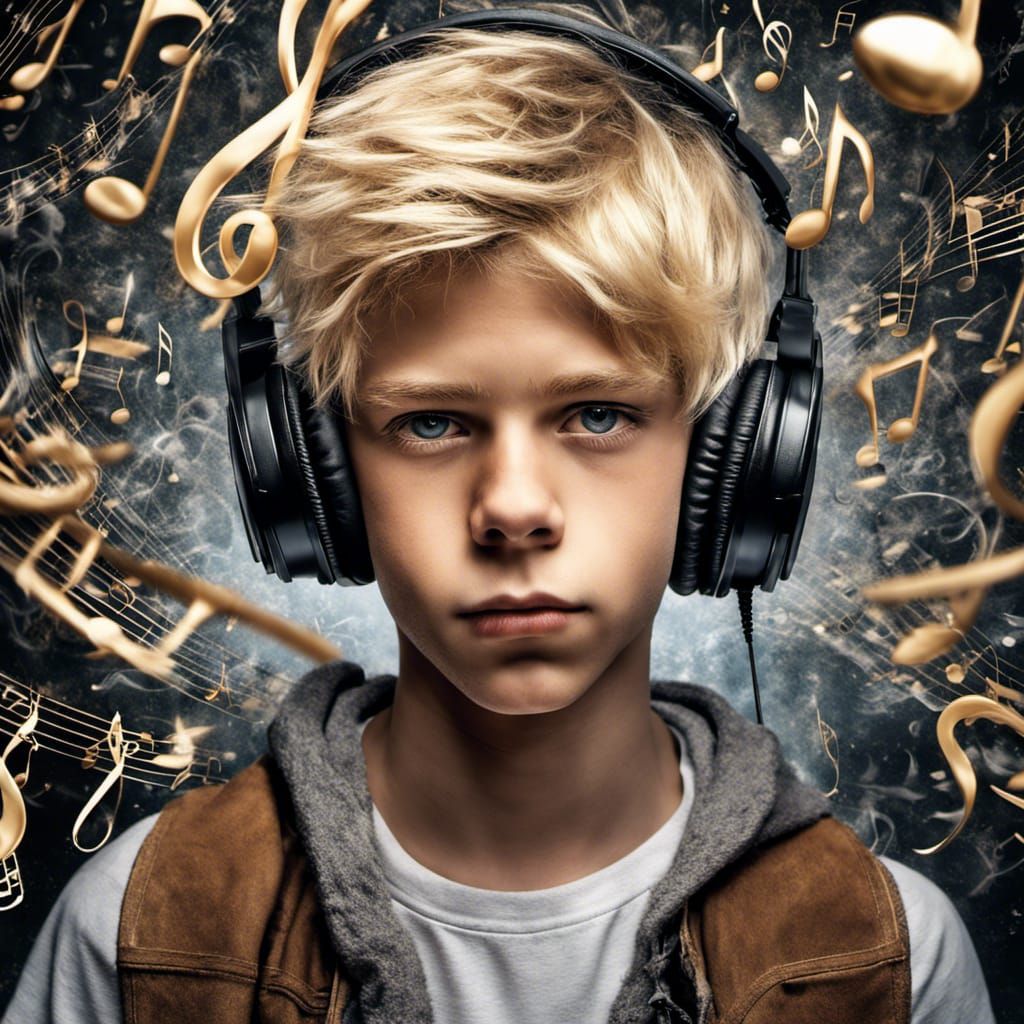 Front of a teenager boy blond 12yo beautiful face earning music, behind ...