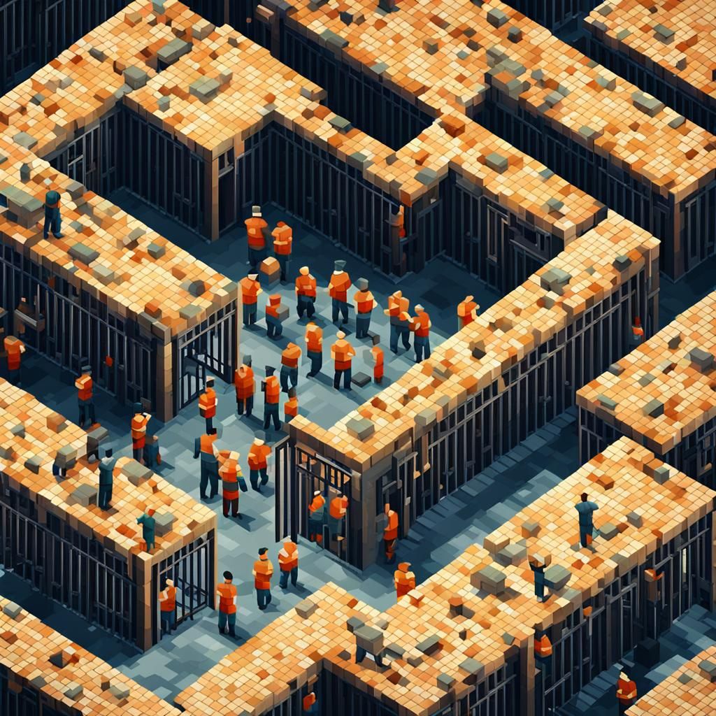 Pixelated 2d prisoners in jail courtyard, isometric - AI Generated ...