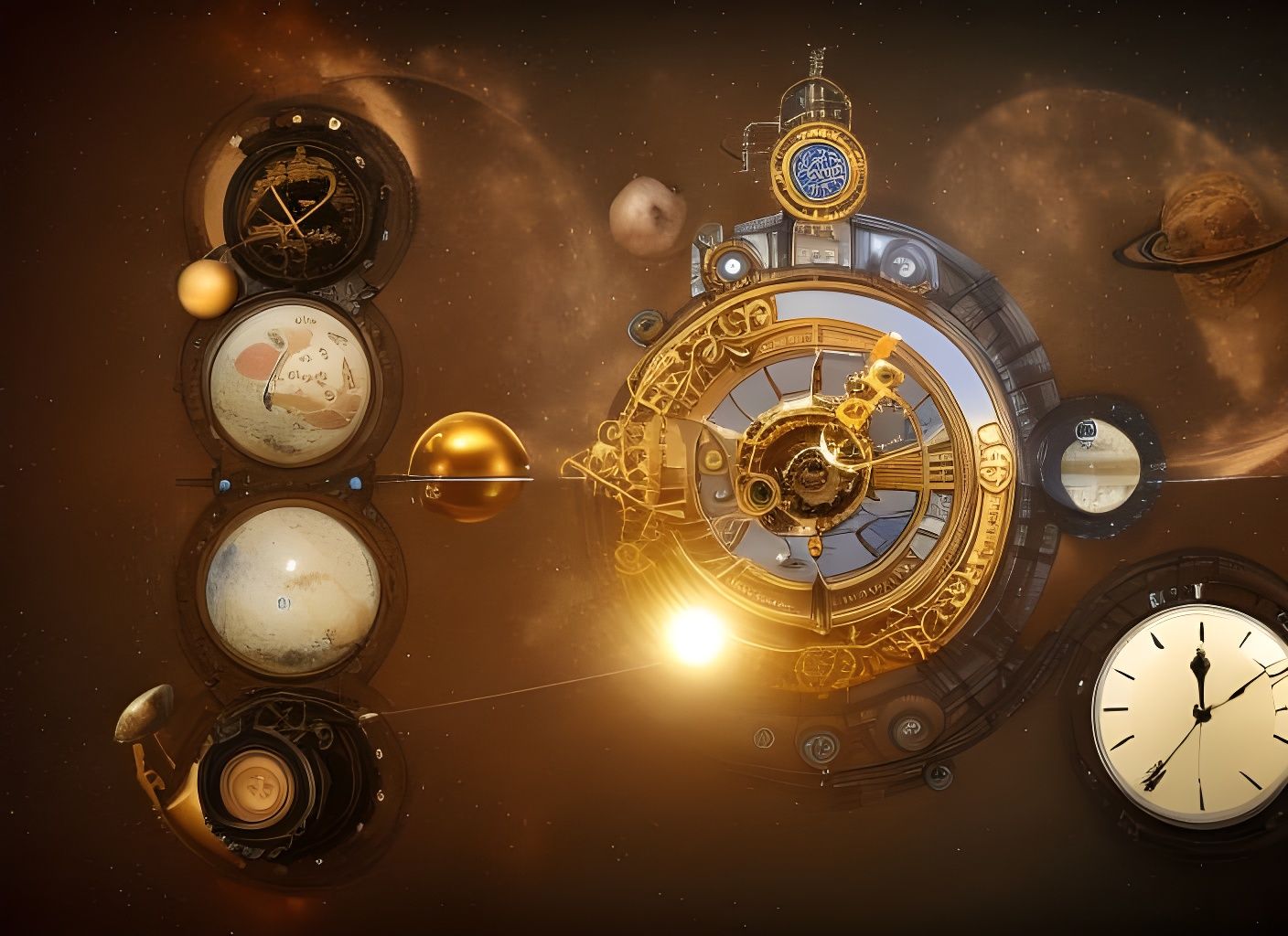 steampunk clockwork floating in space, clock, reflective globe, cosmic ...