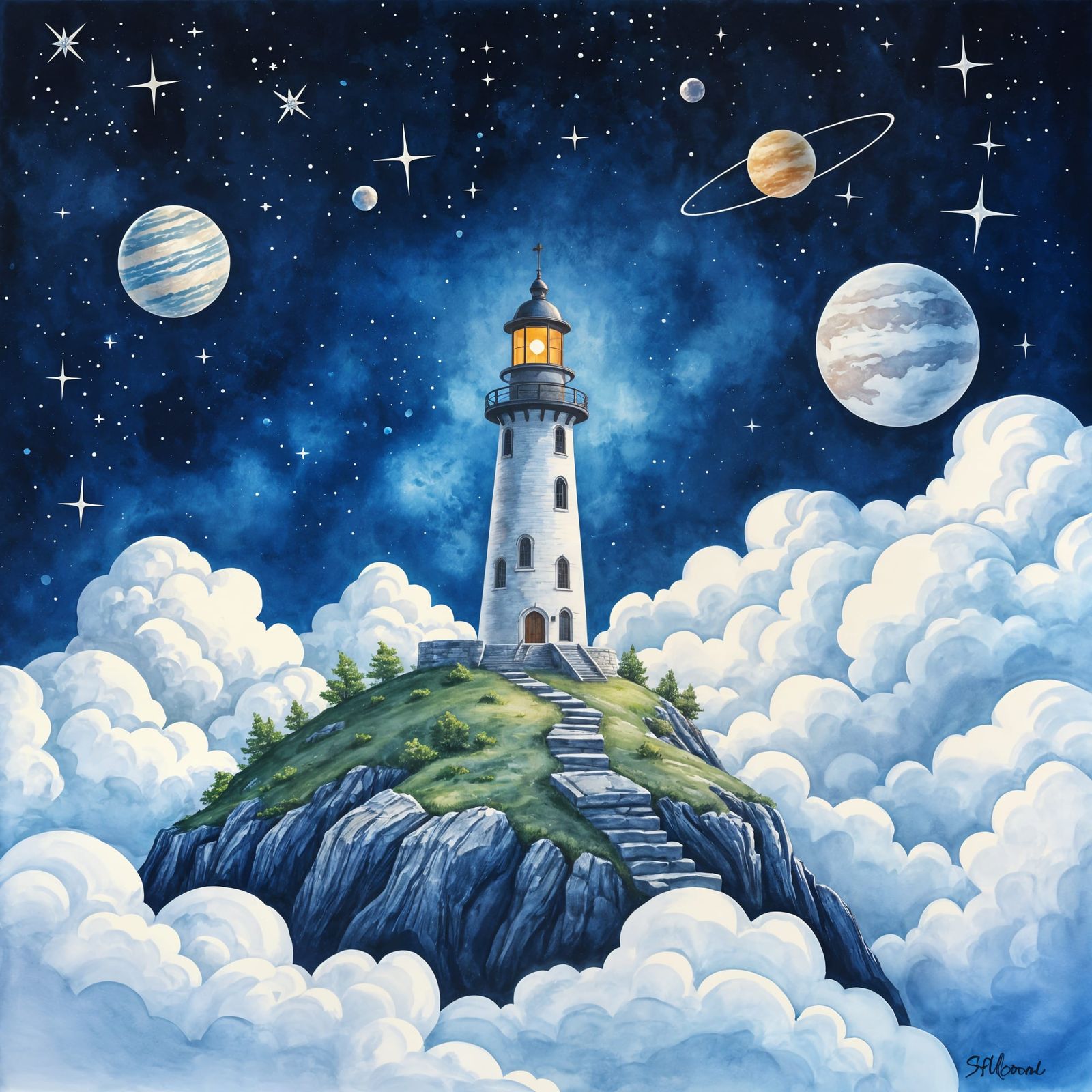 lighthouse - Ethereal Lighthouse Amidst Celestial Wonders