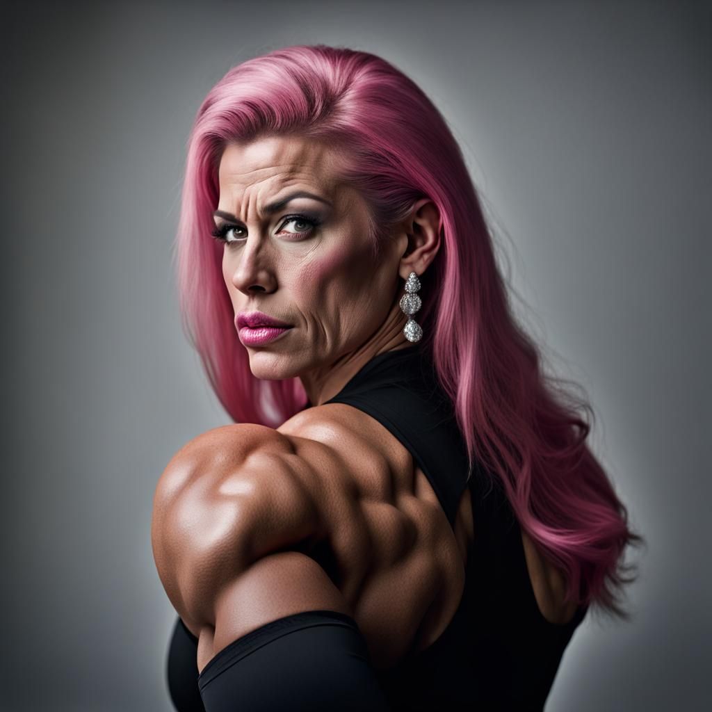 Beautiful female bodybuilder, heavy makeup, pink lipstick, from behind ...