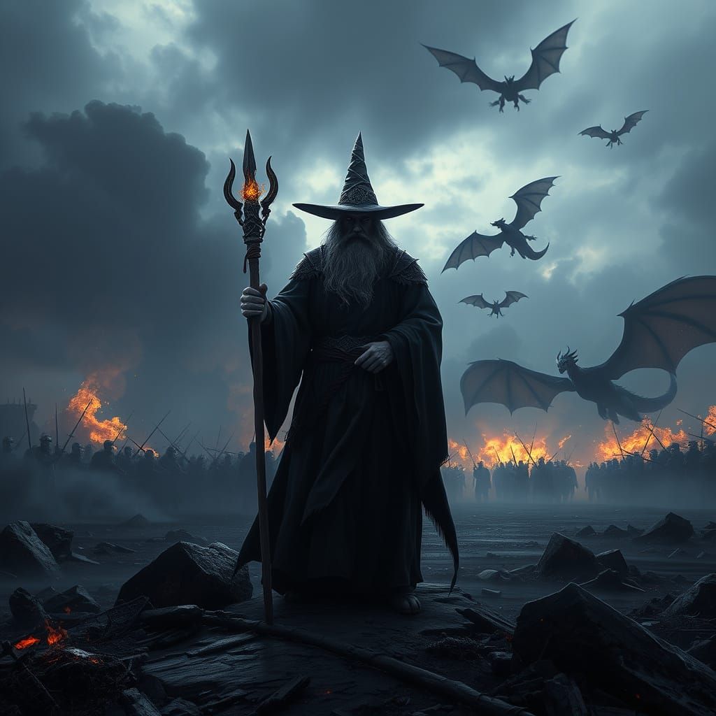 Dark Fantasy Wizard in Ruins with Battling Army an... - AI Art