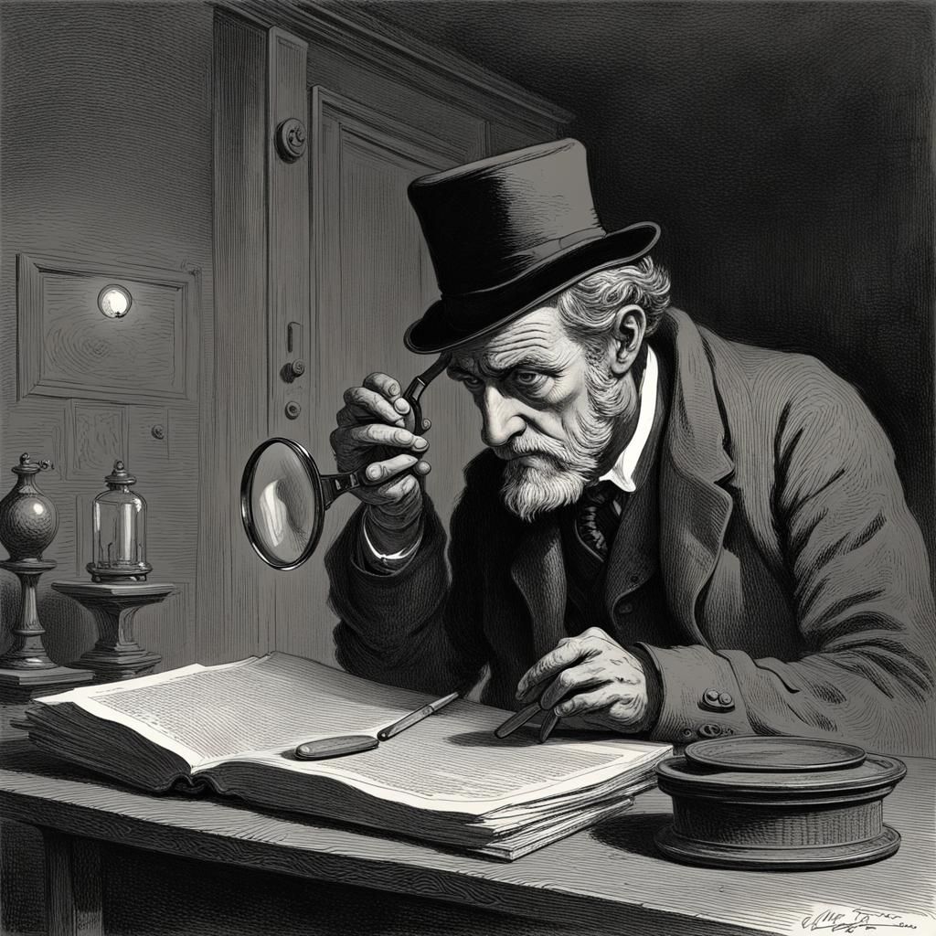Wizened detective searches clues using magnifying glass horror Gustave ...