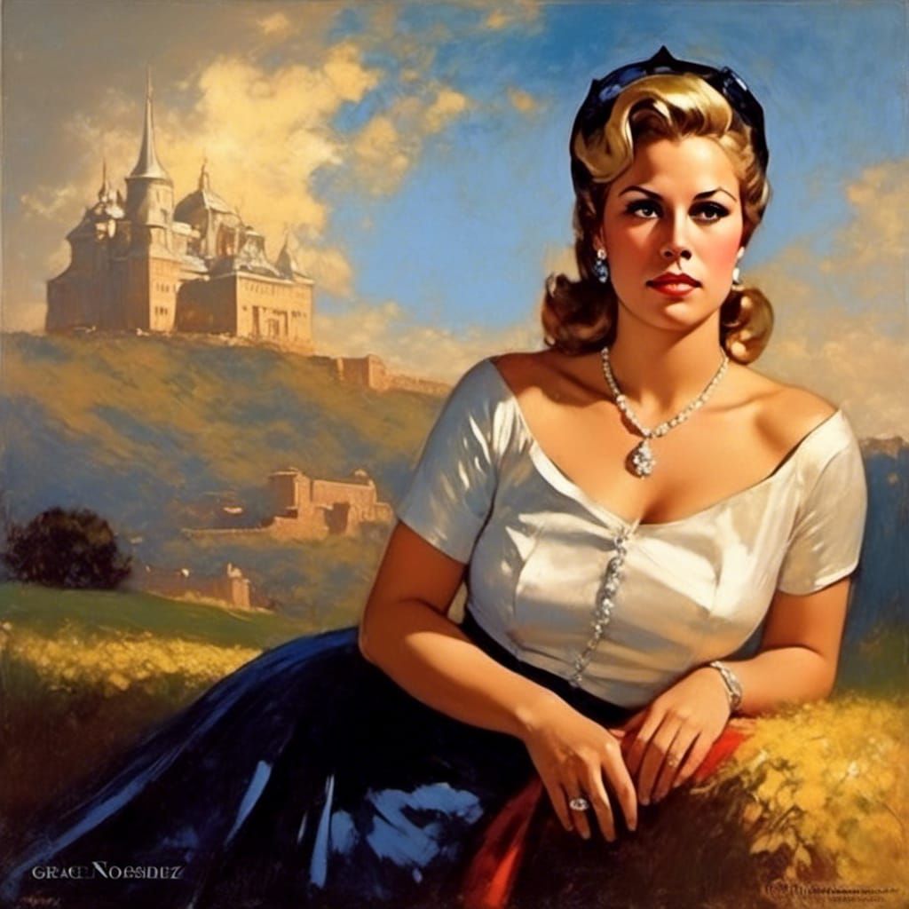 large-breasted a painting of a woman sitting in front of a castle, a character portrait ...