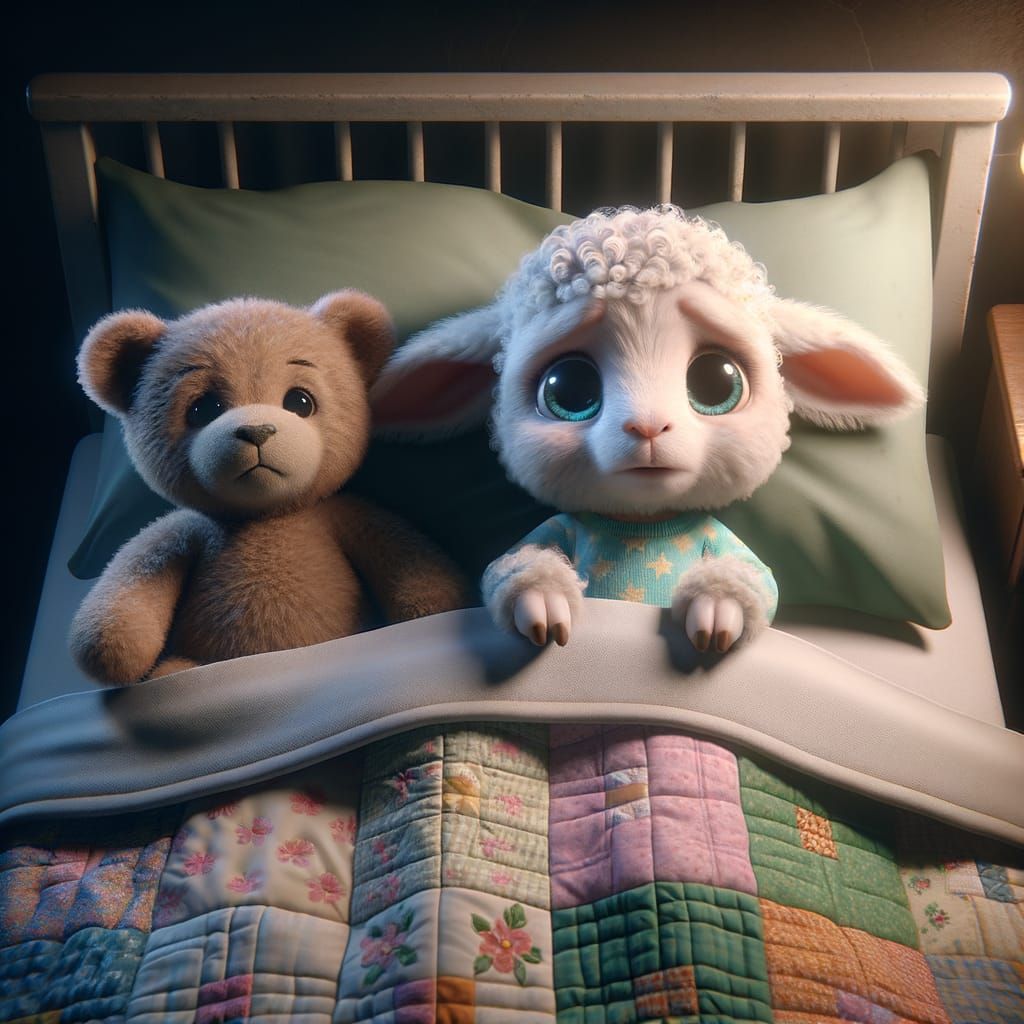 CGI Lamb Scared in Bed with Teddy Bear - AI Art