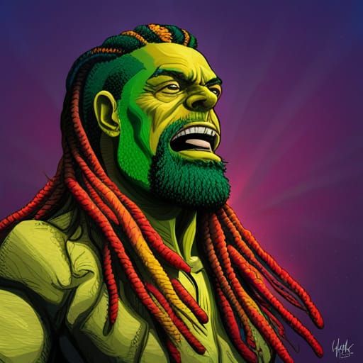 Rastafarian hulk with dreadlocks in a field of cannabis plants - AI ...