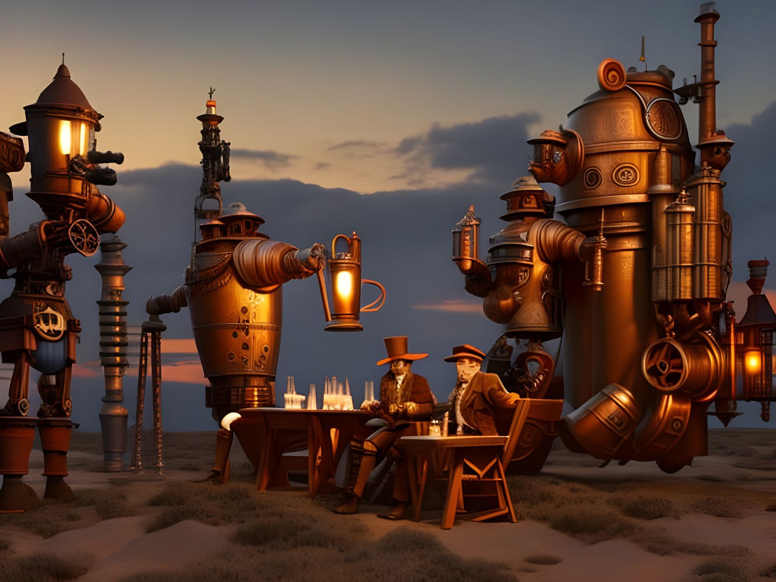 Photorealistic photo of steampunk robots drinking beer during ...