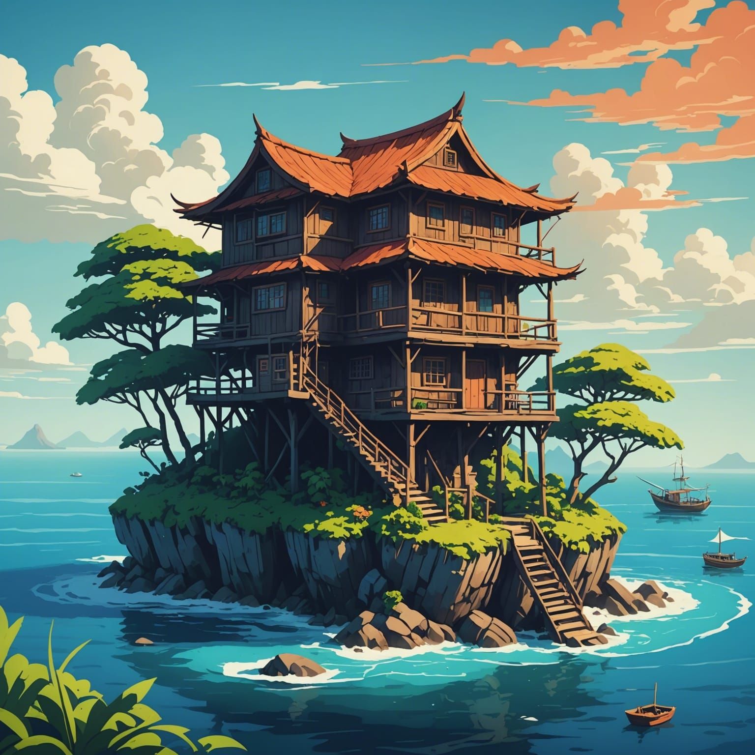 Master Roshi's multi-storey rickety old kami house on a tiny island in ...