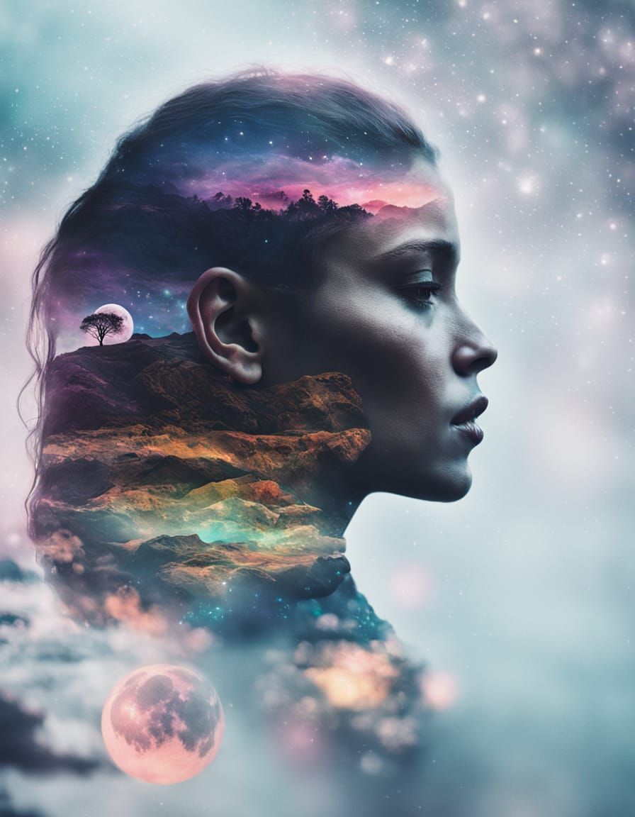 Double exposure. Side profile portrait of a beautiful woman. a colorful ...