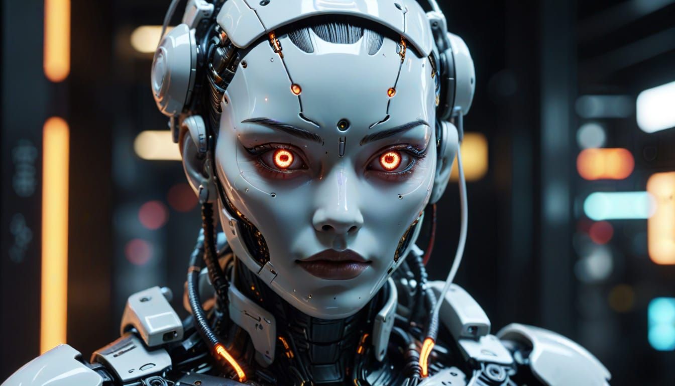 ...gynoid in white with cyberpunk background - realistic...