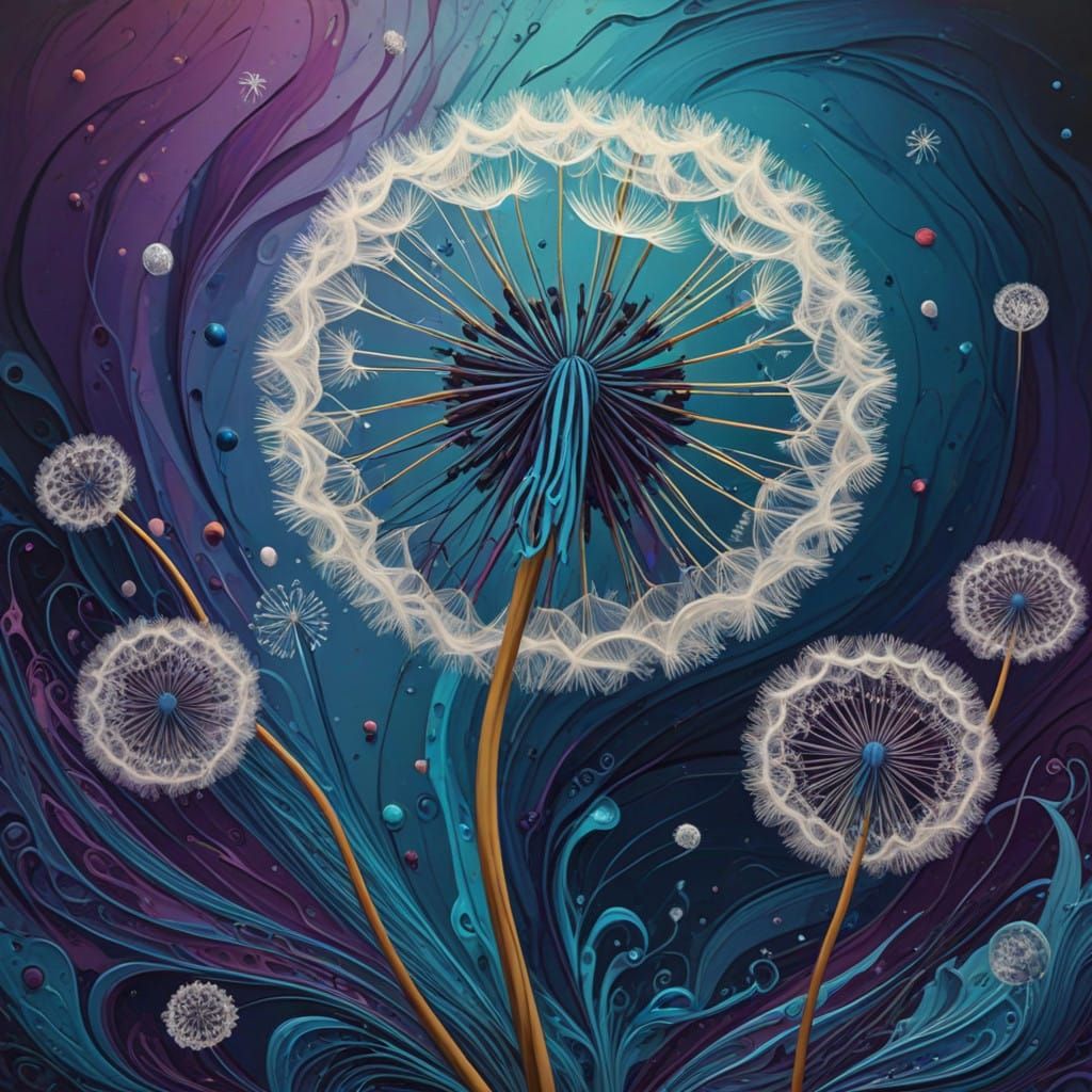 Realistic oil painting. Impasto. Dandelion seeds floating in the wind. abstract vector fractal ...