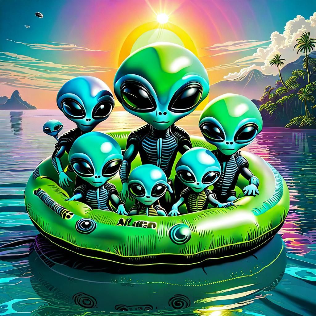 5 cute aliens floating in an inflatable raft, on a beautiful ocean ...