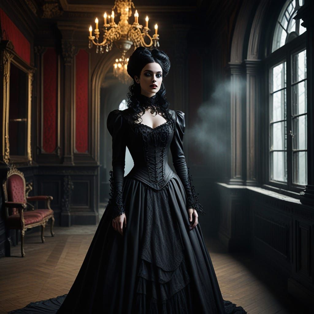 A gothic woman with porcelain-like alabaster skin, accentuated by ...