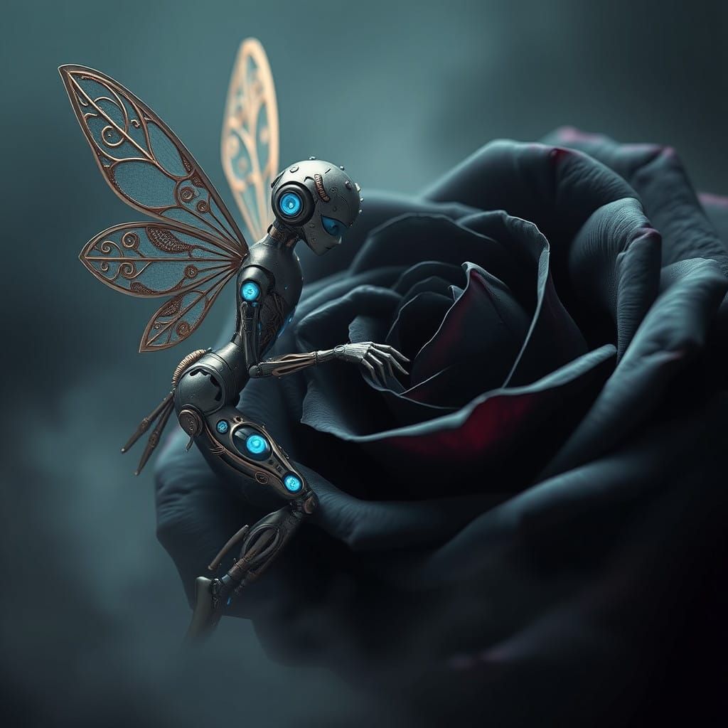 Robot Fairy Strokes Black Rose - Dreamlike Fairy Tenderly To...