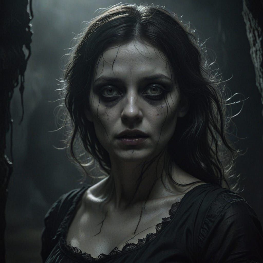Woman with a terrifying expression in a dimly lit, eerie atmosphere