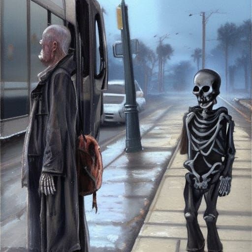 Skeleton waiting for a bus - AI Generated Artwork - NightCafe Creator