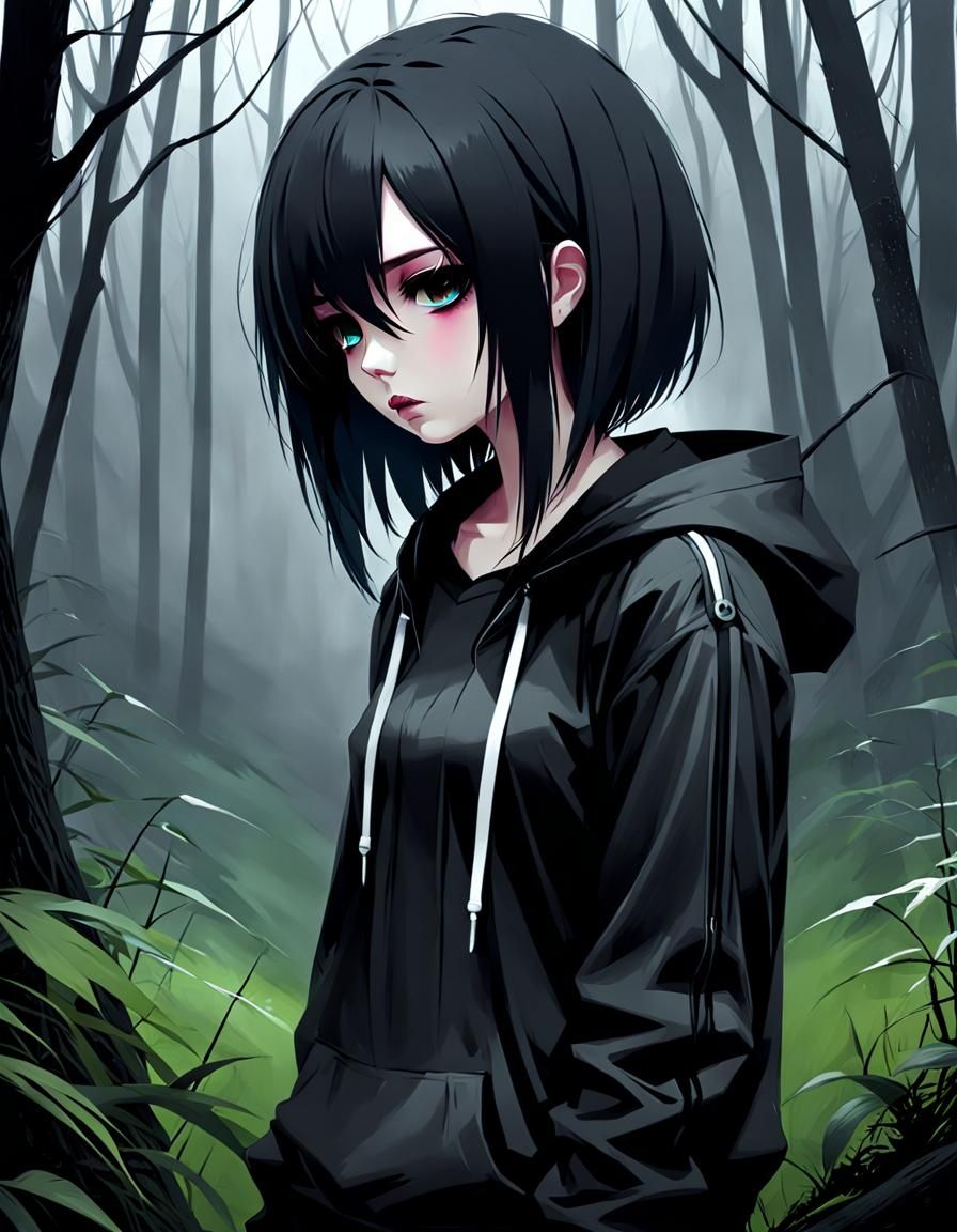 Beautiful emo; Melancholic, dark, gloomy; Digital painting style of ...