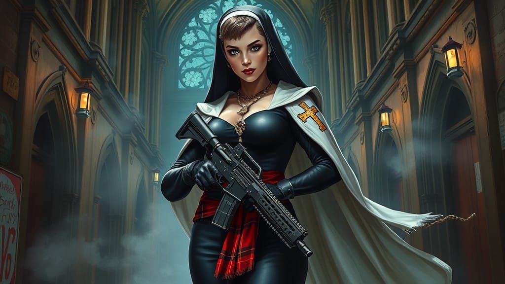 Rebellious Military Nun in Punk Rock Cathedral - AI Art