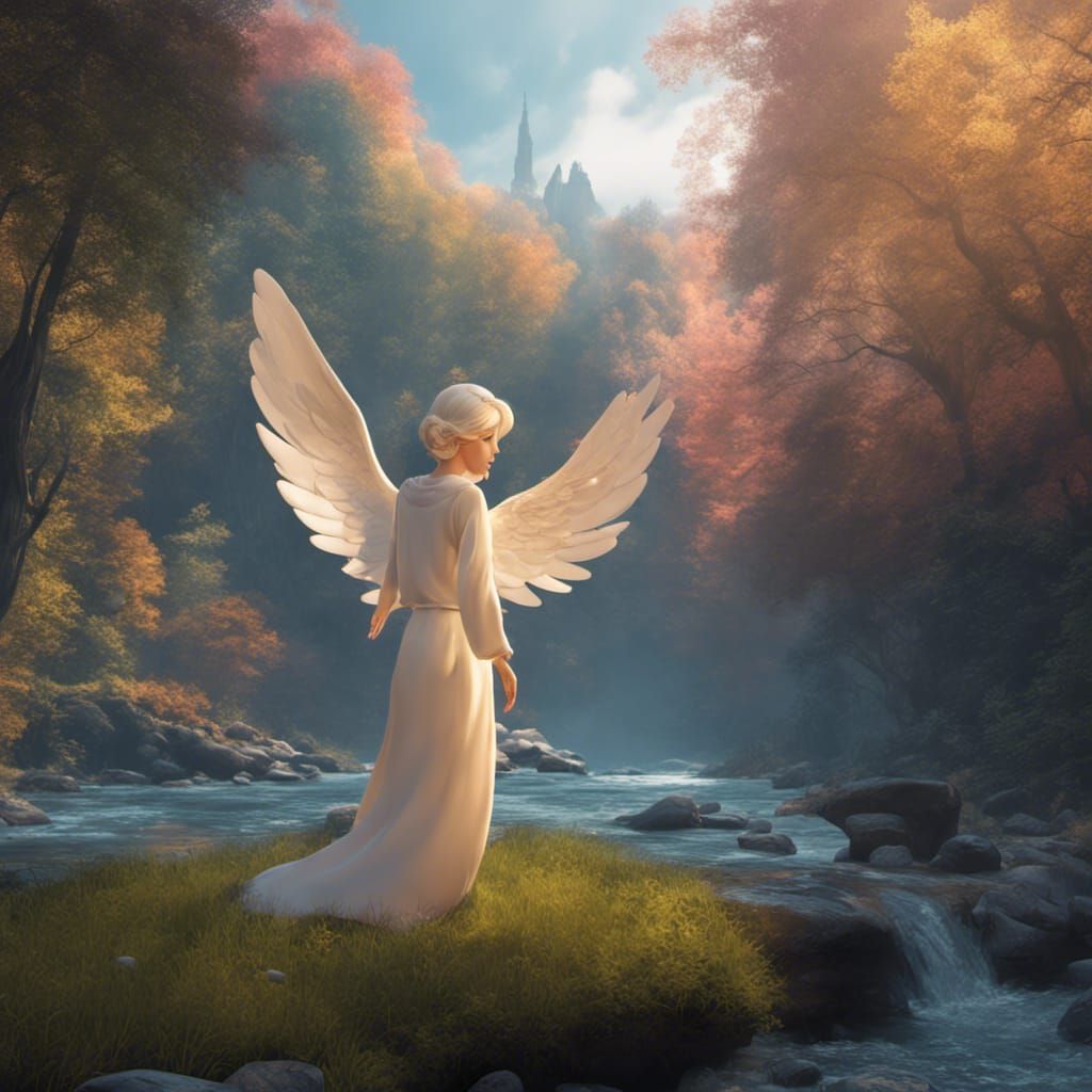 angel visiting river in forest - AI Generated Artwork - NightCafe Creator