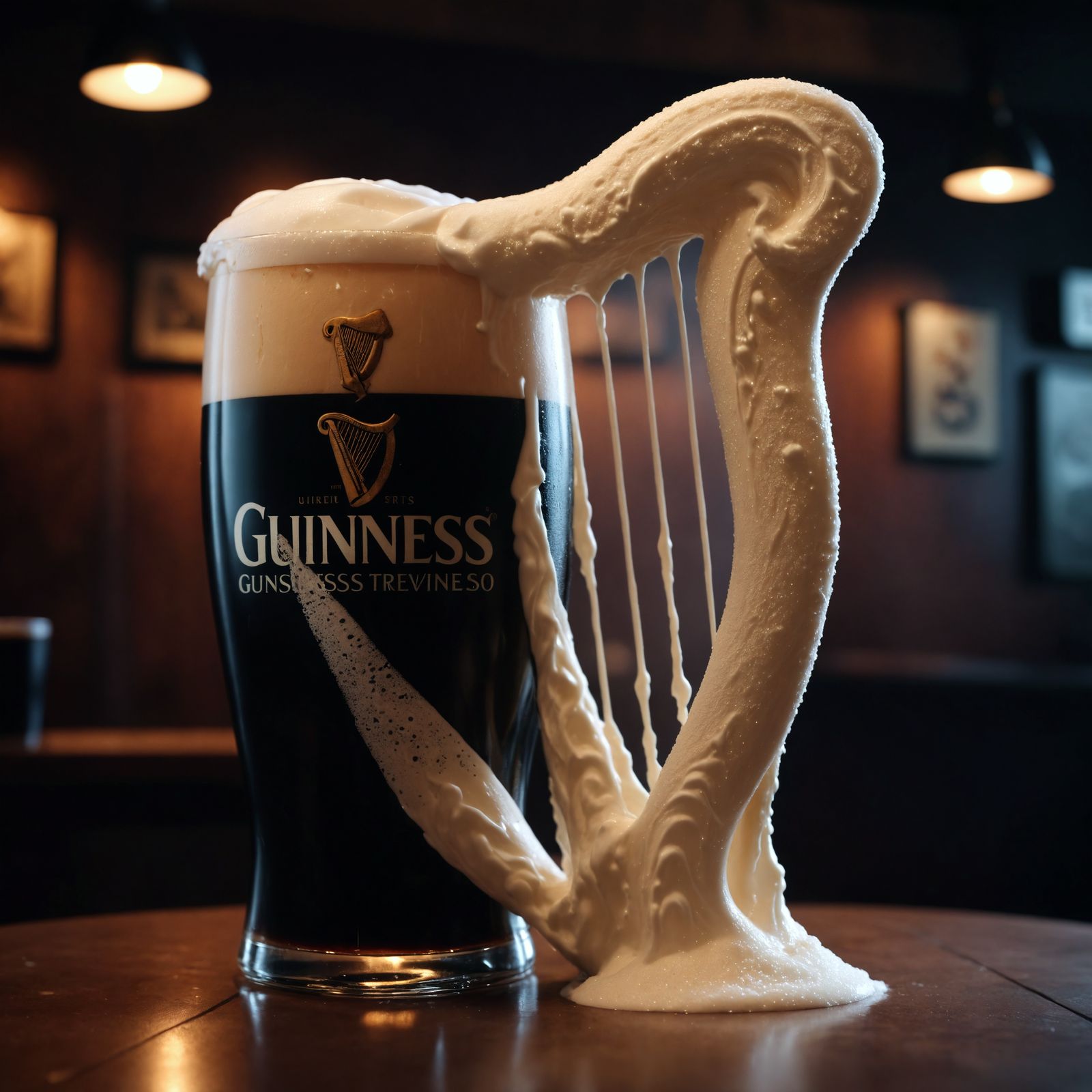 A dark pint of Guinness with a thick creamy head, inside the foamy ...