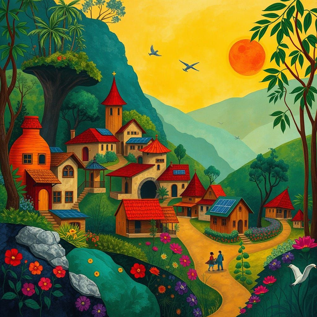 Neo-Primitive Harmony Village - AI Art