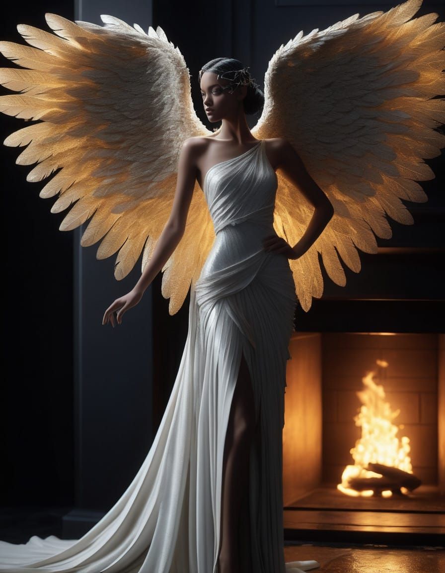 side view from top to bottom, slightly turned head, He stands proudly ...