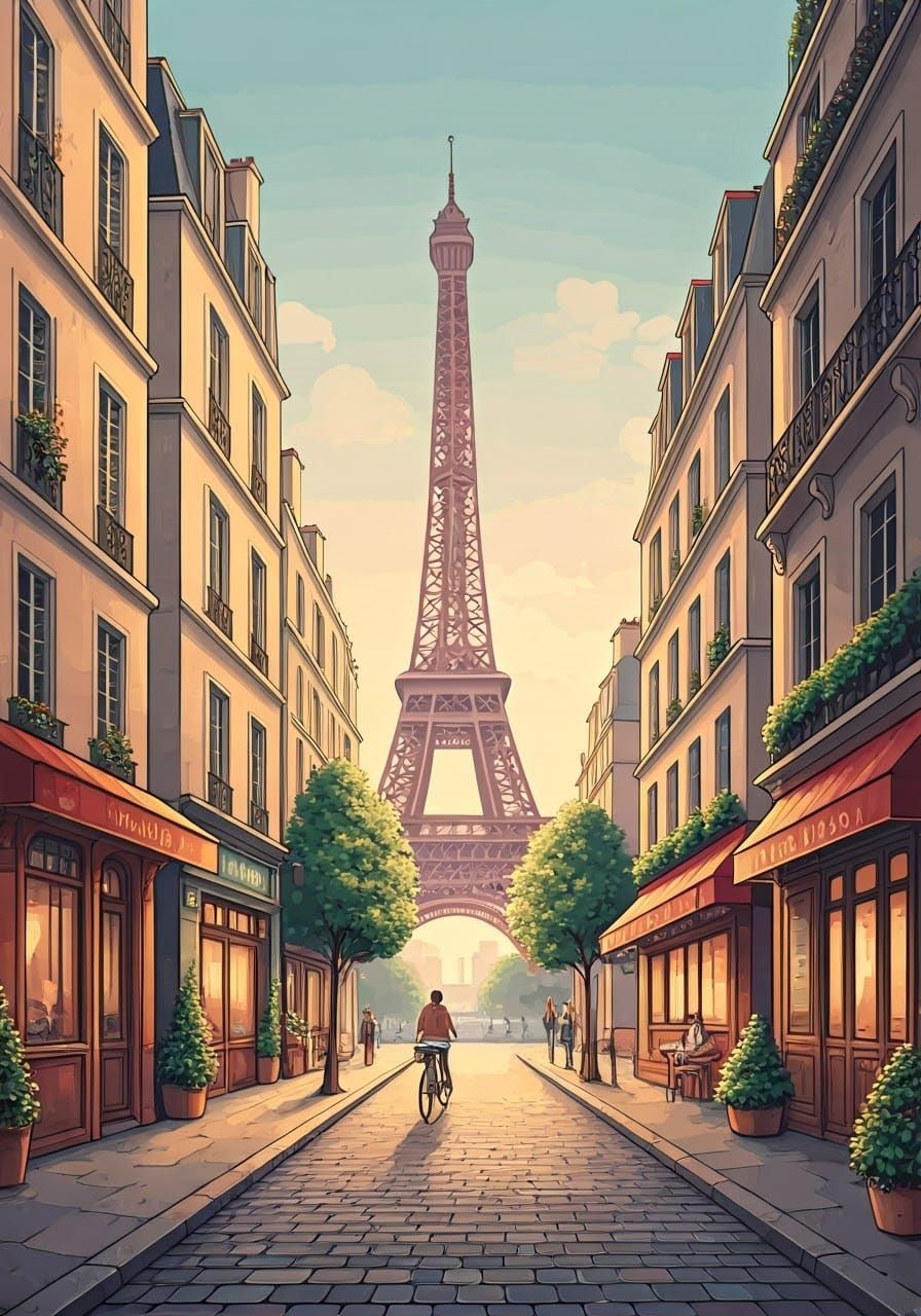 Romantic Parisian Street Scene with Eiffel Tower - AI Art