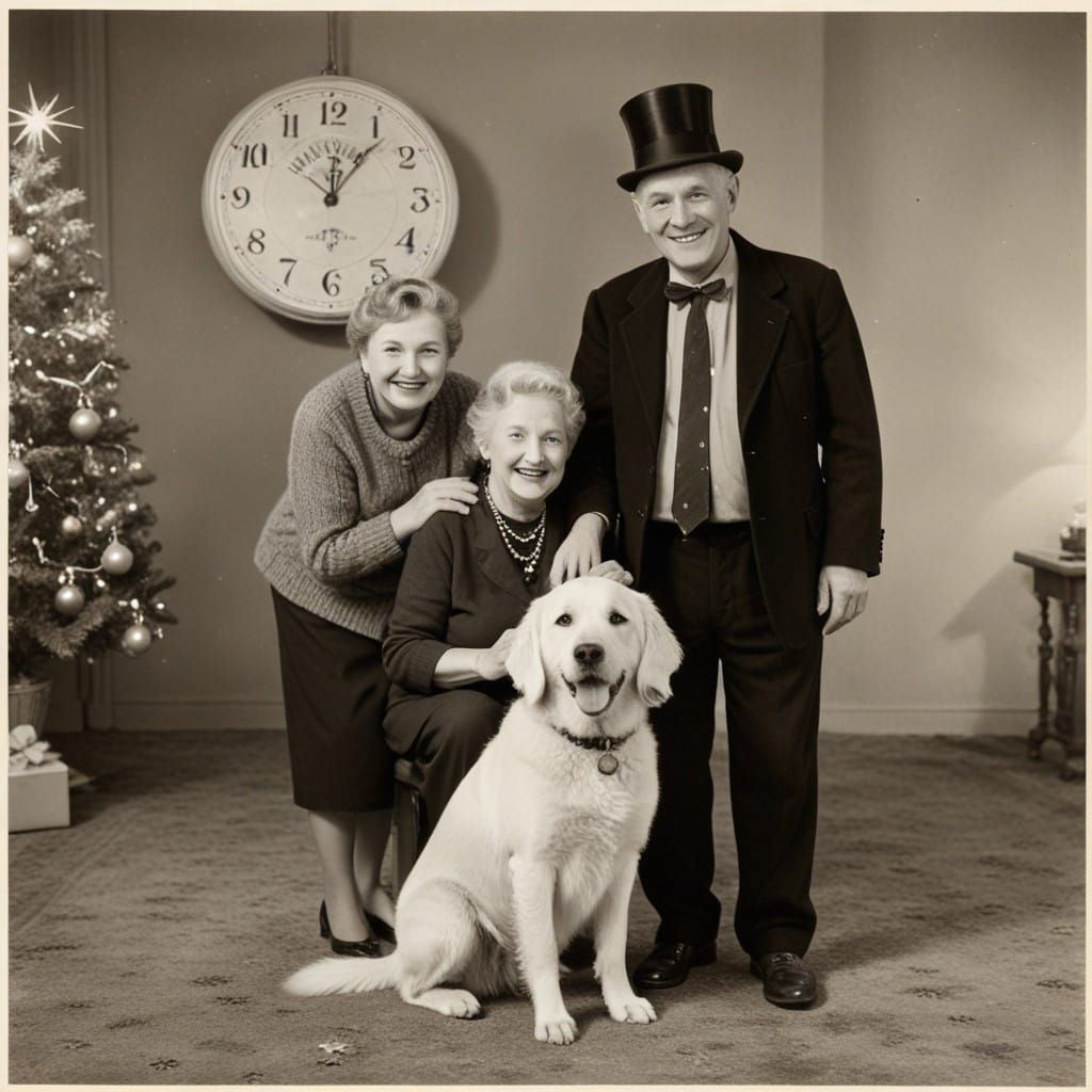 Retro-Style New Year Countdown Scene of Happy Elde... - AI Art