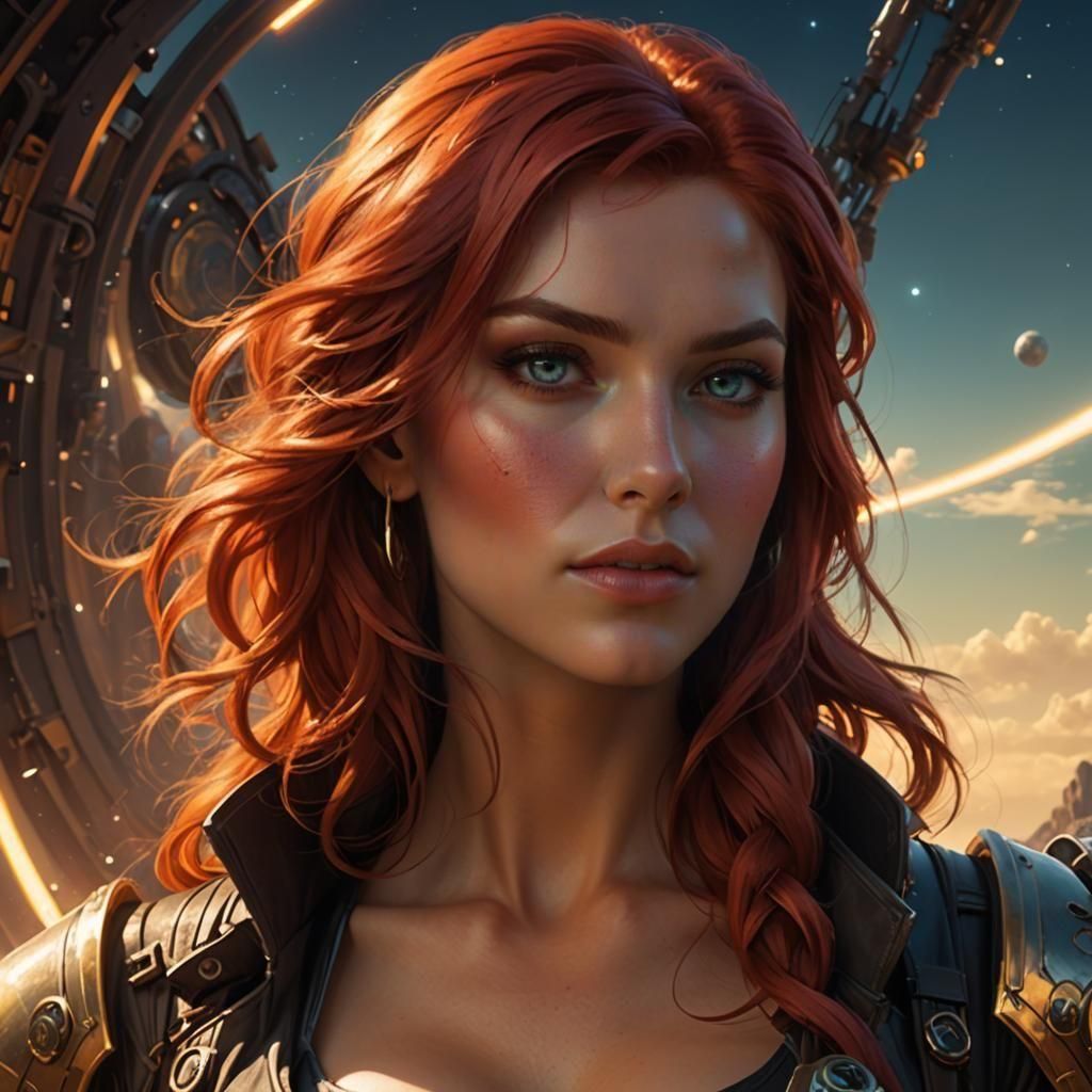 High sci-fi epic beautiful female space pirate, beautiful eyes, flowing red hair, scenic space ...