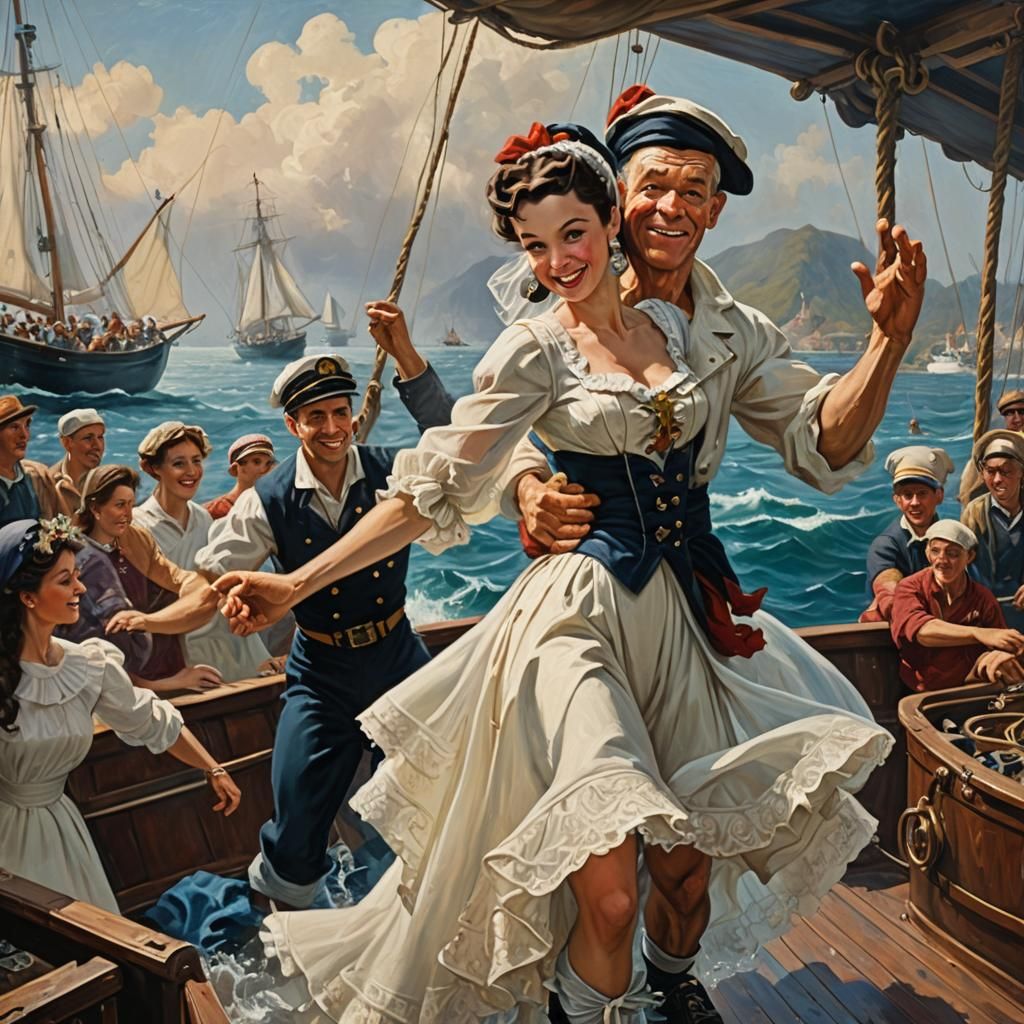 Popeye the sailor on a veil boat dancing with Olivia - AI Generated ...