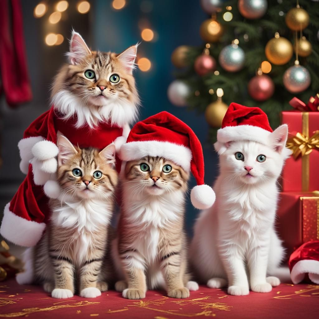 A charmingly adorable cat sits proudly with her playful kittens, all ...