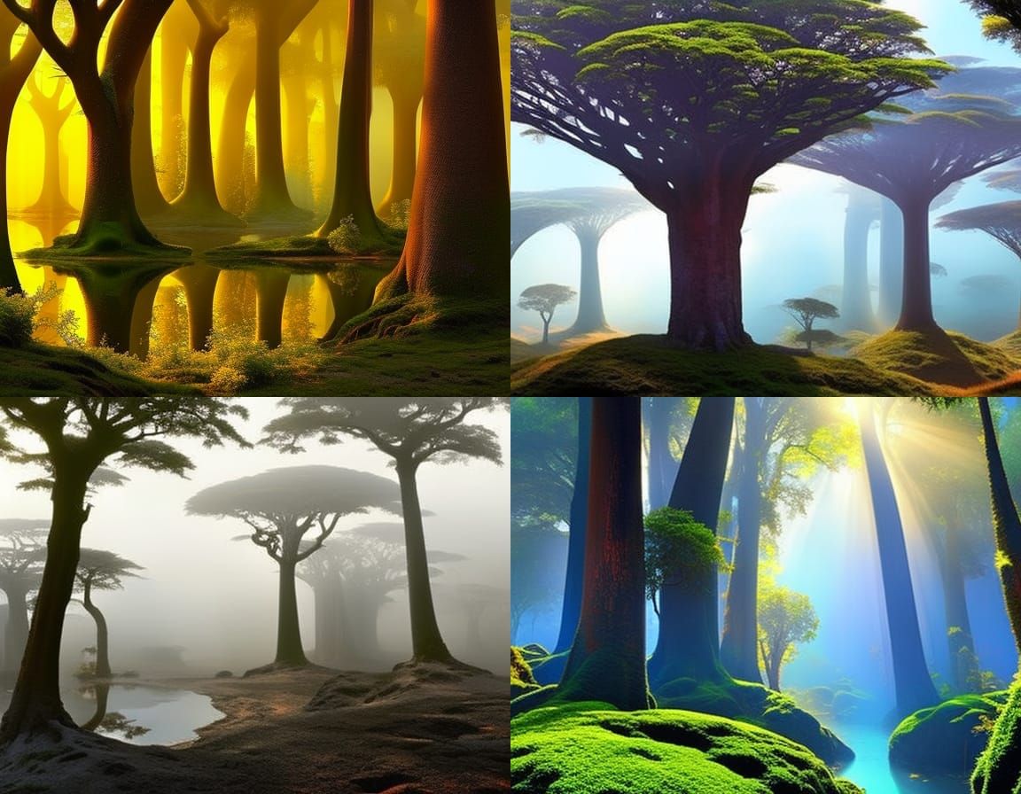 Baobab trees, thick jungle trees, forest, hyperdetailed manic, fantasy ...