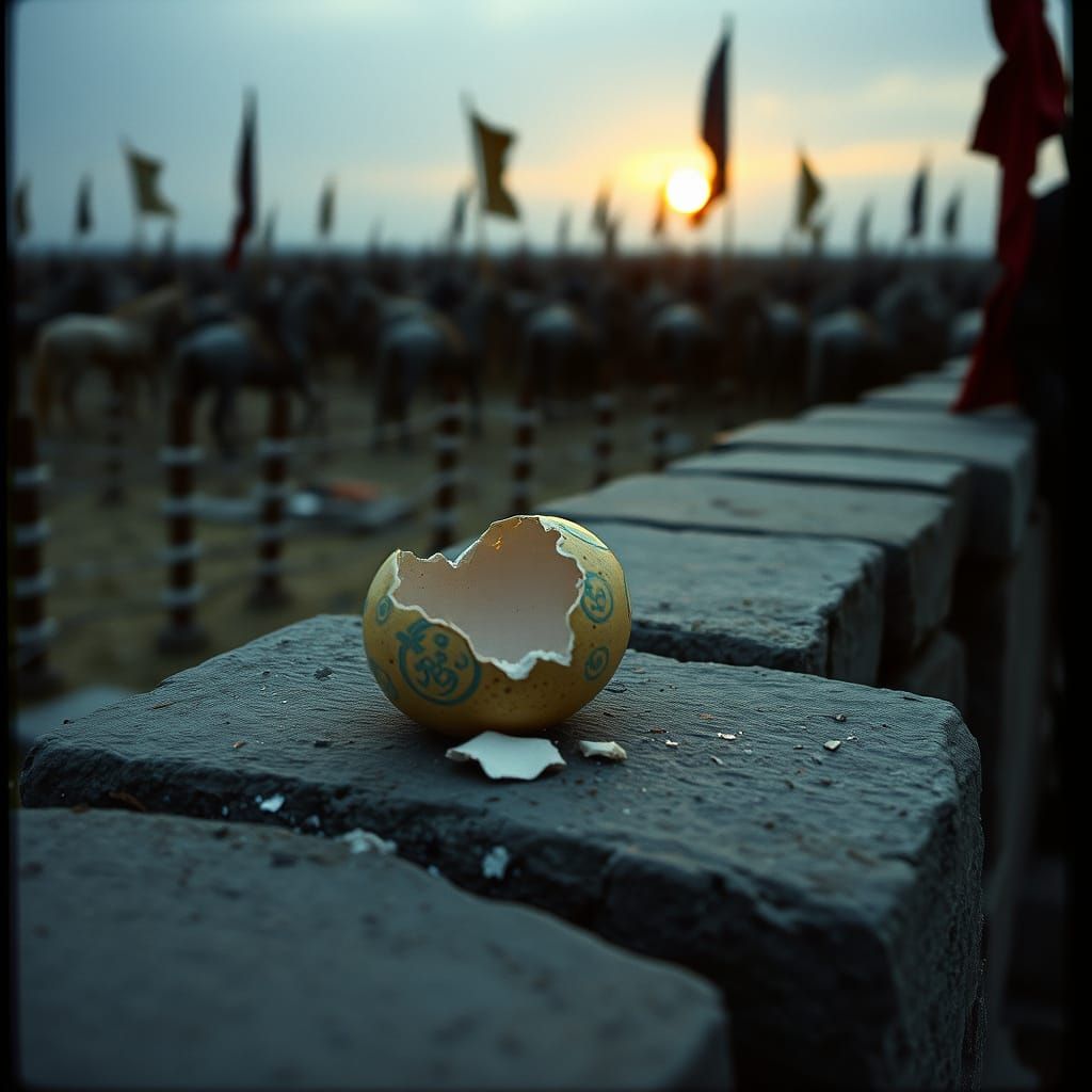 Broken Humpty Dumpty Egg on a Worn Stone Wall - AI Art