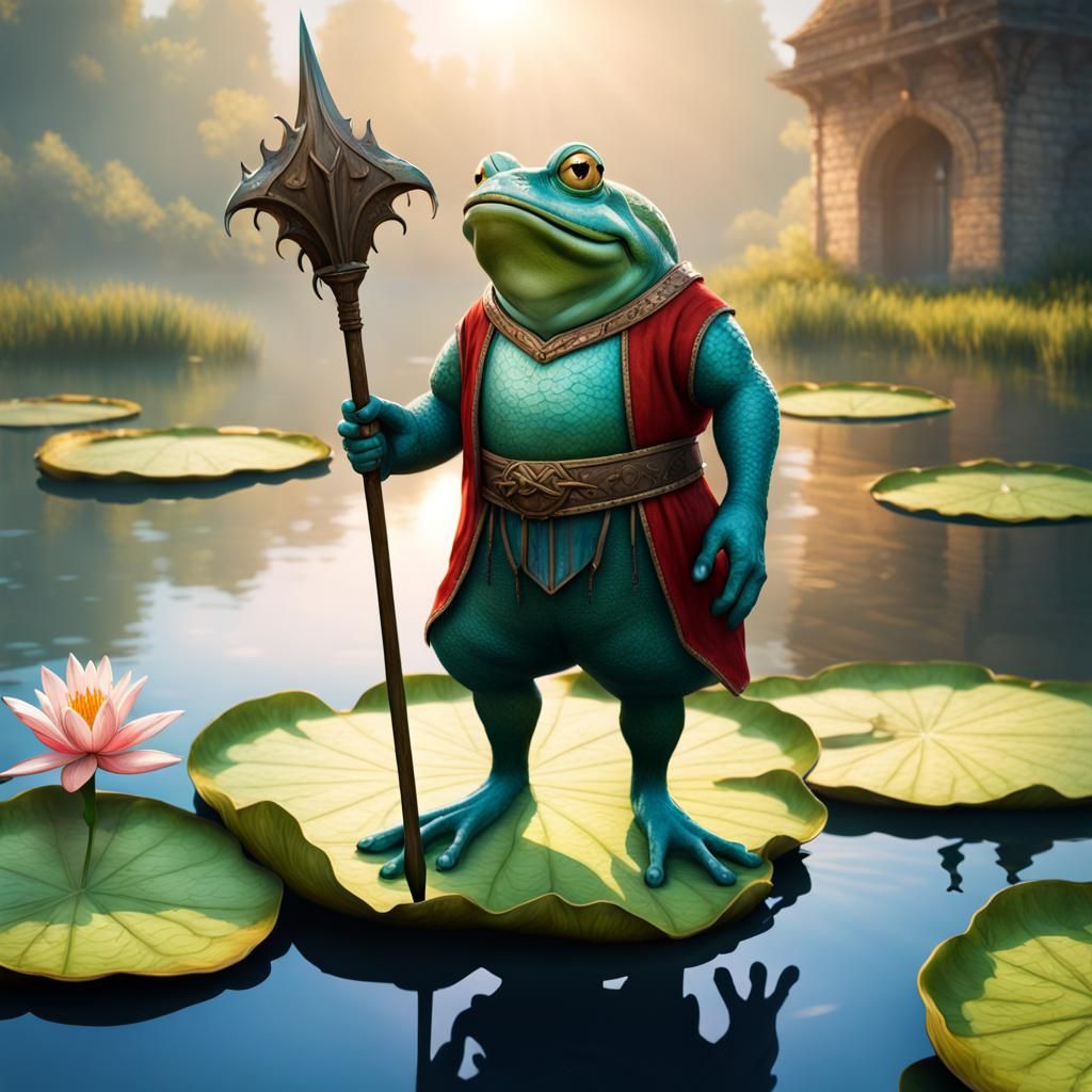 Giant frog man standing on a lilly pad in medieval clothing, holding a ...