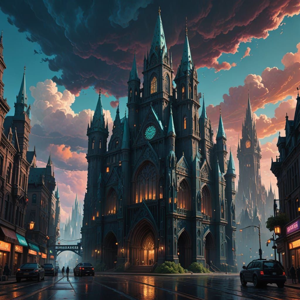 Neo-Gothic Cityscape in Vibrant Turquoise and Ambe... - AI Art
