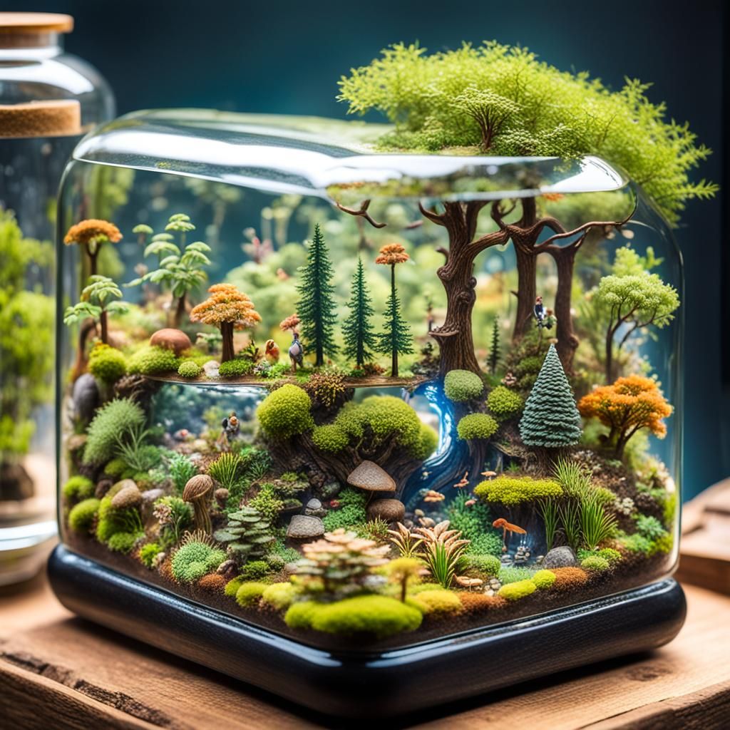 miniature ecosystem within a glass jar, showcasing a tiny, self ...