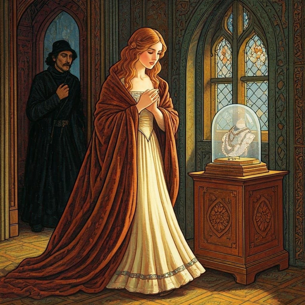 Castle - Maiden and Mysterious Man in Castle, Folk Art Style