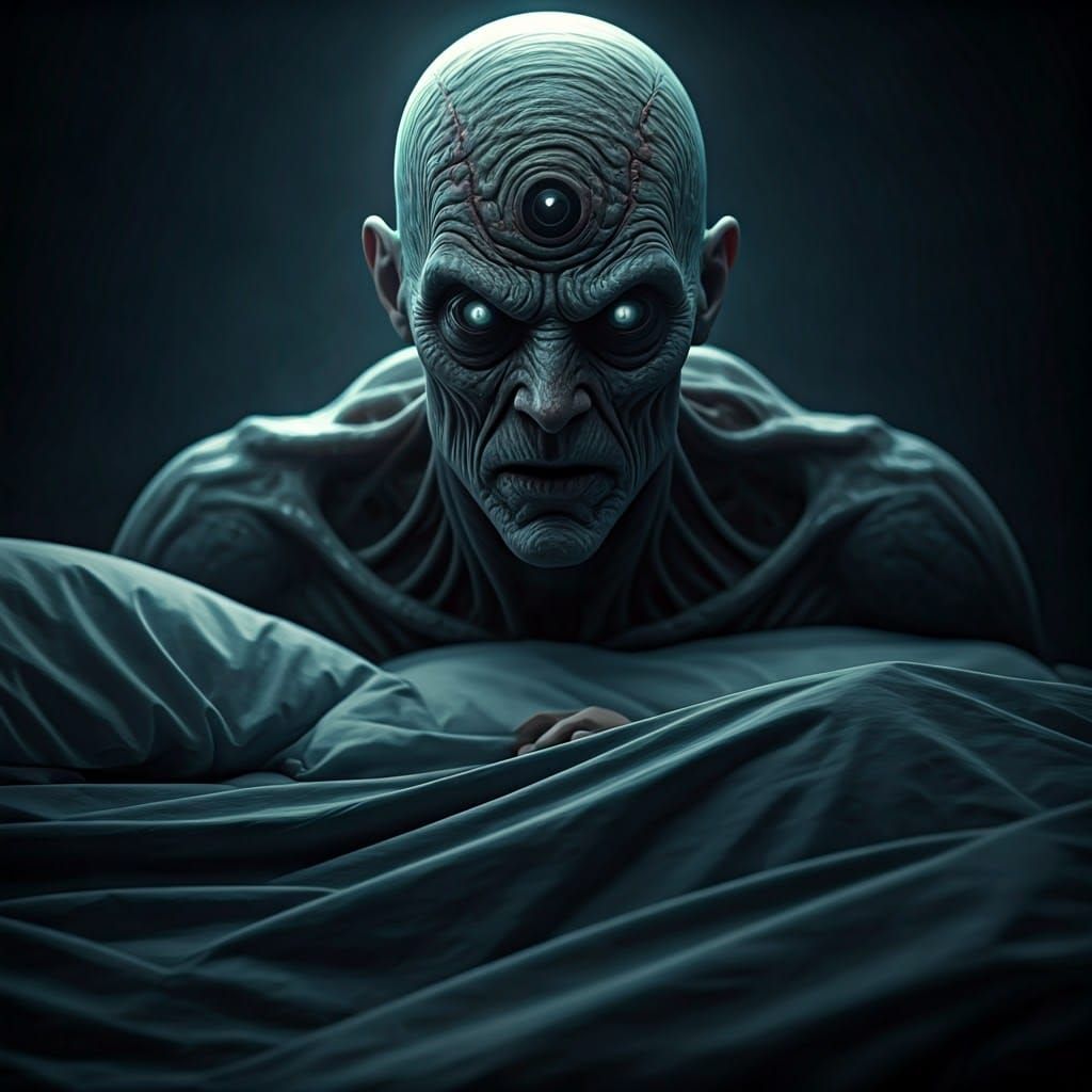 Sleep paralysis demon with three eyes looking at the human viewer ...
