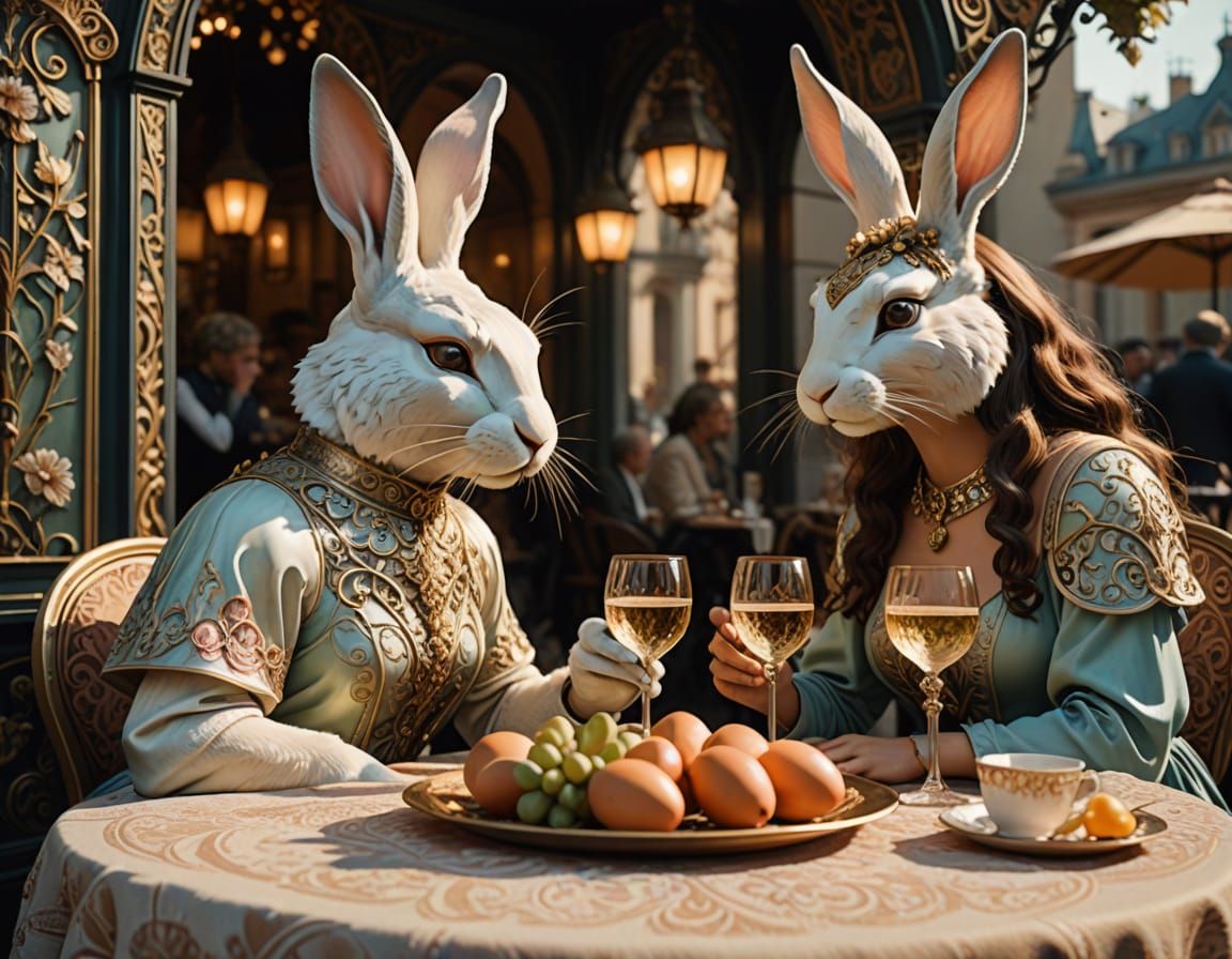 Easter Bunny Goddesses Sip Wine in Art Nouveau Sty... - AI Art