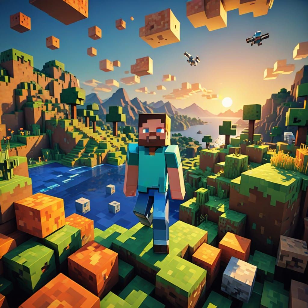 Heroic Minecraft Steve in Vibrant Blocky Landscape - AI Art