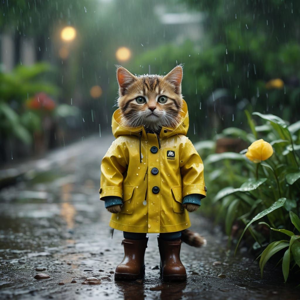 Cute Kitten in Rainy Garden, Hyper-Realistic Illus... - AI Art